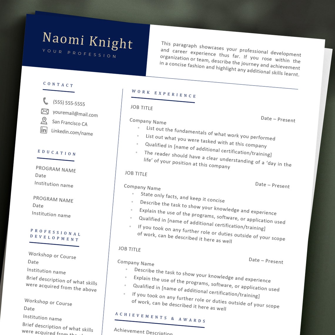 Blue Resume Template One Page Resume Cv Template - Etsy