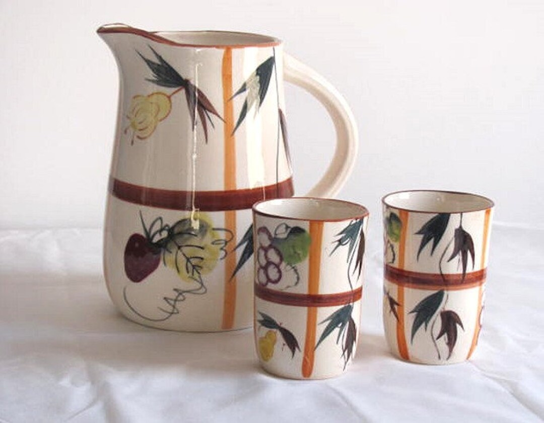 Sweet Vintage Hand Painted Ceramic Juice Pitcher W/ 2 Juice Glasses ...