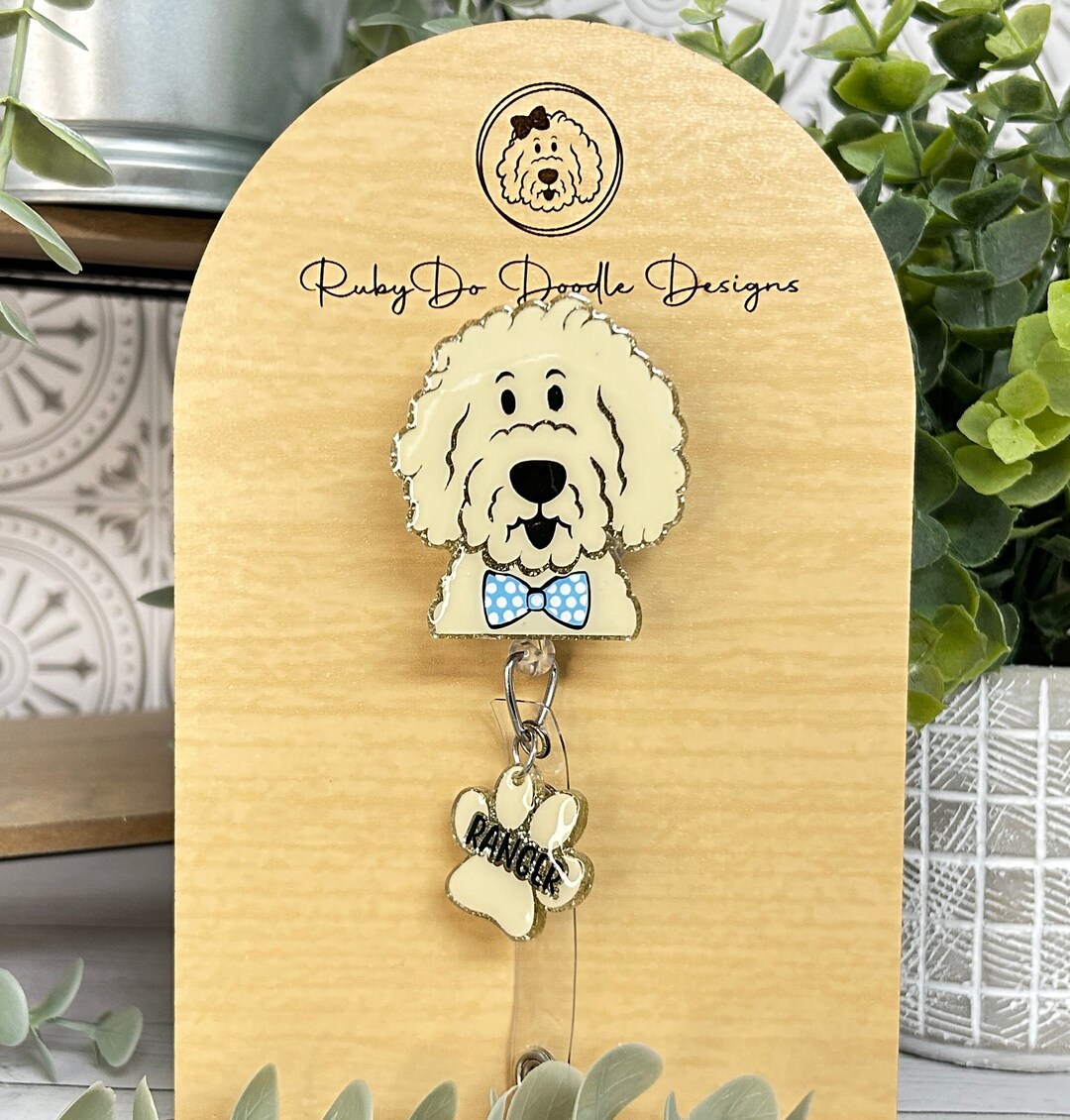 Blonde Rubydo Doodle Boy Bowtie Badge Reel | Goldendoodle Badge Reel ...