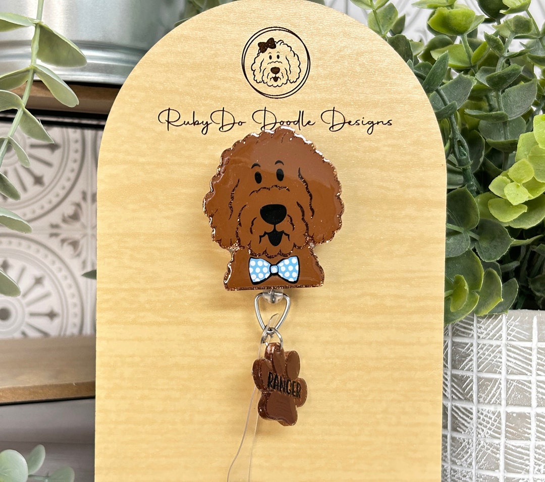 Apricot/cinnamon Rubydo Doodle Boy Bowtie Badge Reel Goldendoodle Badge ...