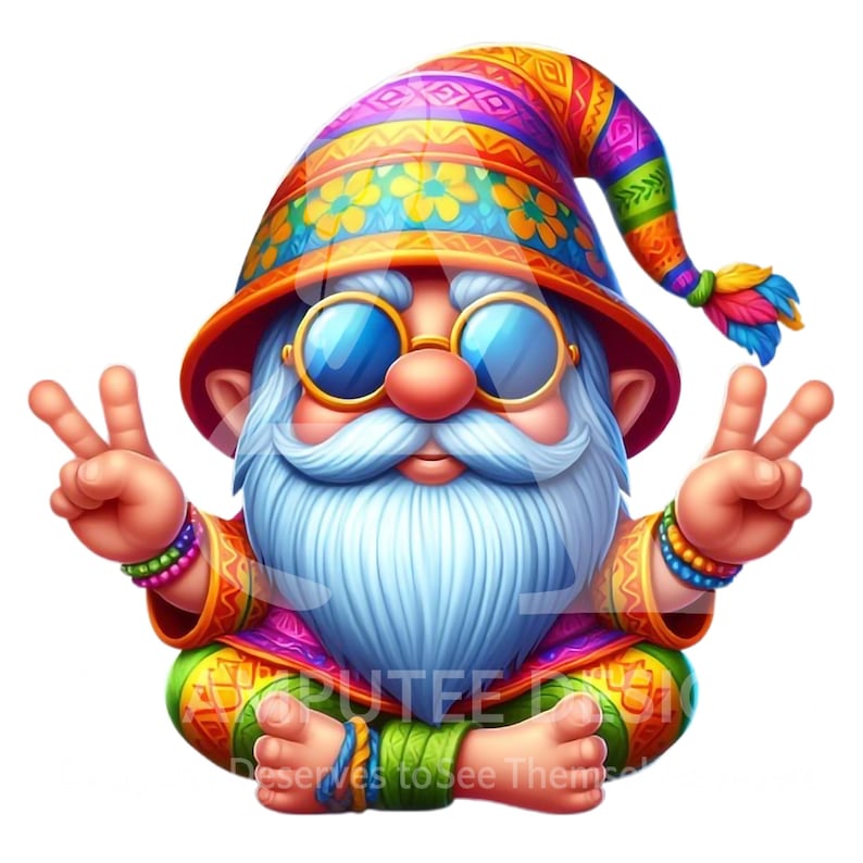 Peace Gnome Clipart PNG | Colorful Hippie Gnome With Floral Hat | White ...