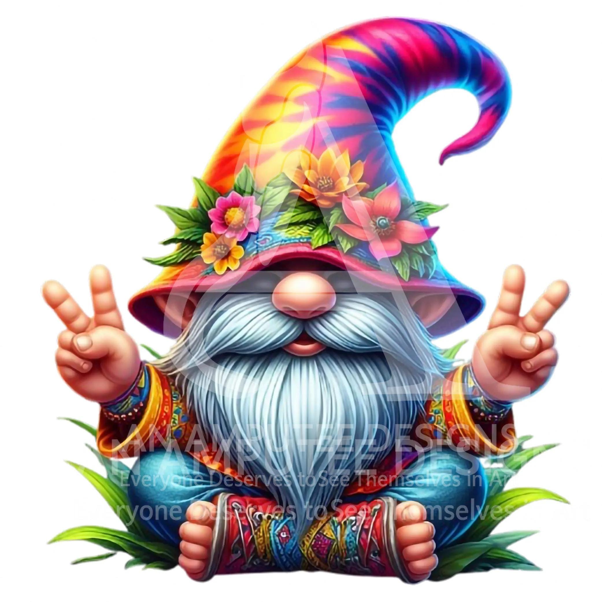 Colorful Hippie Gnome PNG | Peace Sign Gnome Clipart | Tie-dye Gnome ...