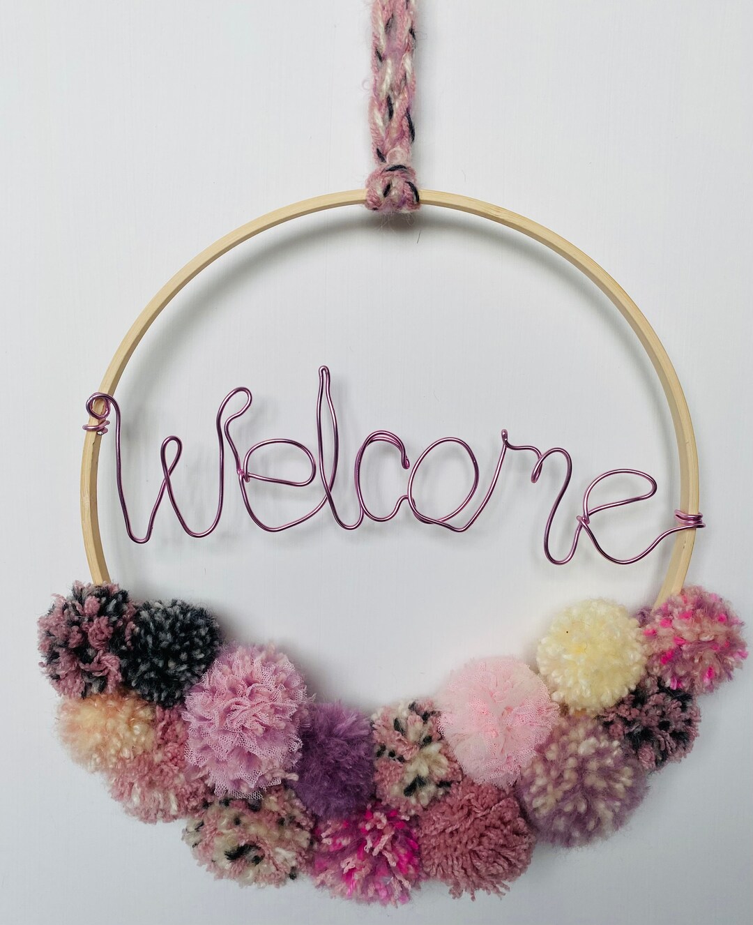 Welcome Sign, Wreath, Natural Wood, Pink and Grey Wool Pom Poms. - Etsy