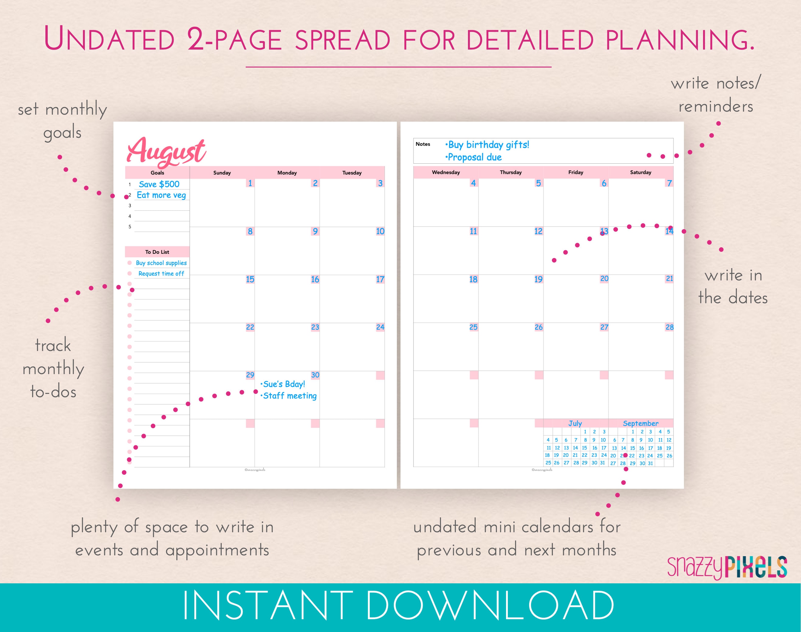 Monthly Calendar Planner Printable PDF color Undated - Etsy