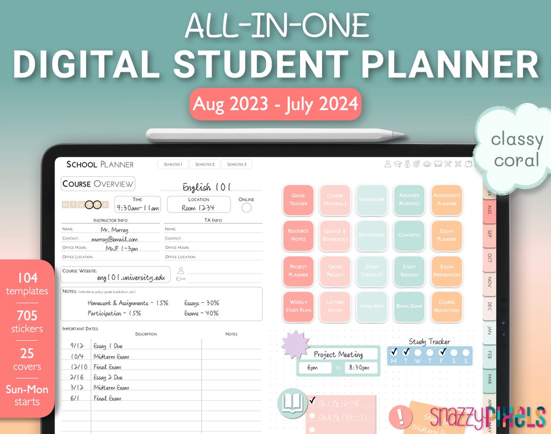 ALL-IN-ONE Digital Student Planner coral 2023-2024 Academic - Etsy