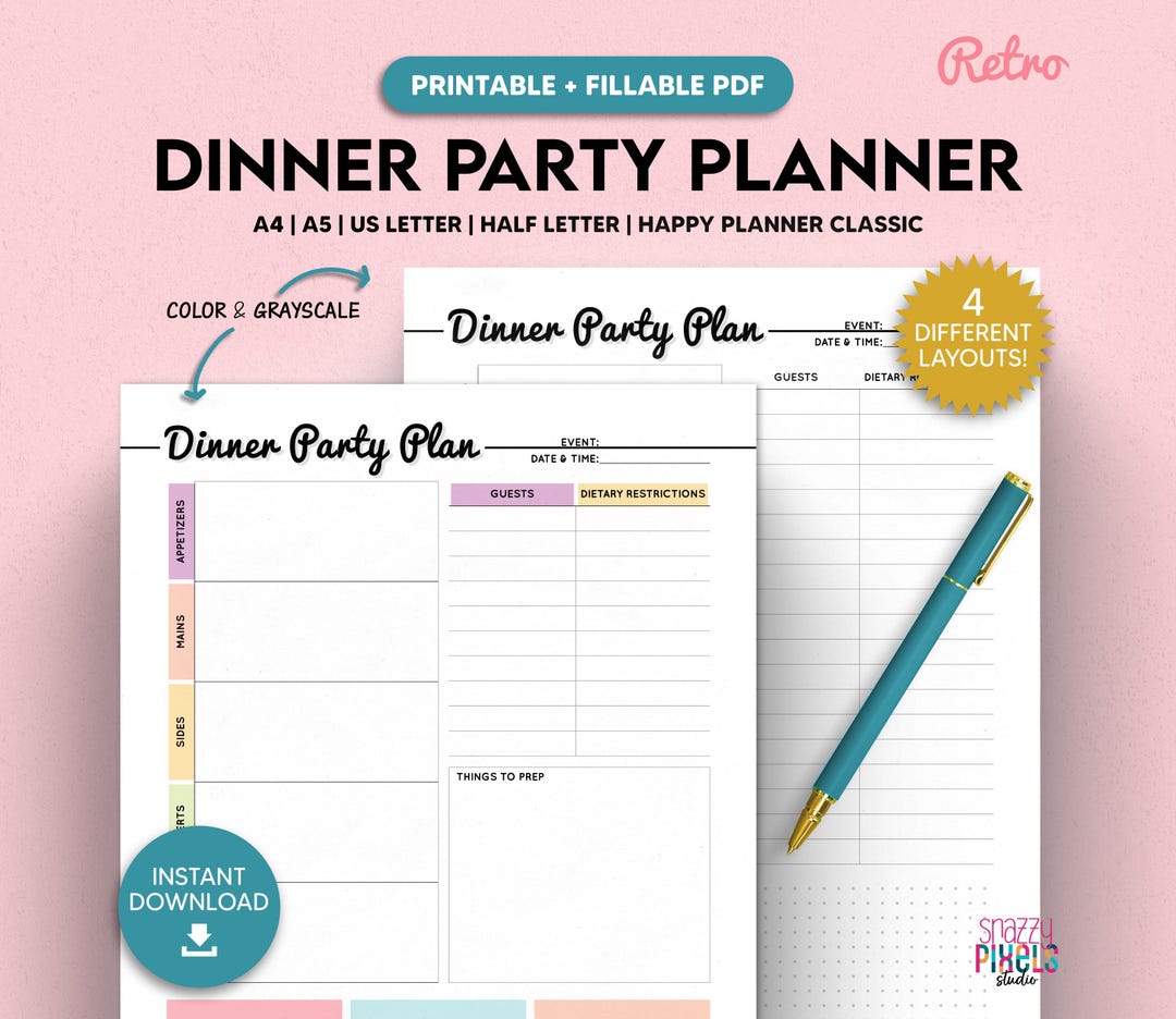 Dinner Party Planner Printable Template, Dinner Menu Plan, Food Planner ...