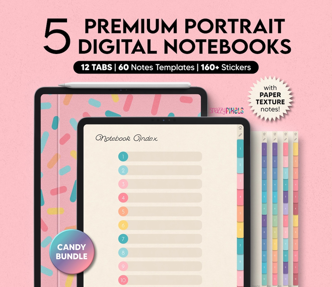 5 Digital Notebooks (candy), 12 Tabs for Goodnotes Notability, Digital ...