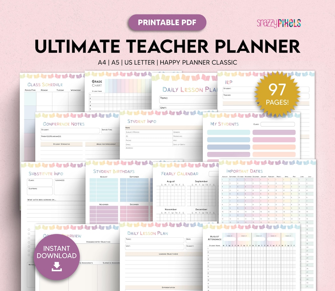 Teacher Planner Printable (rainbow), Undated Teaching Binder, Lesson ...