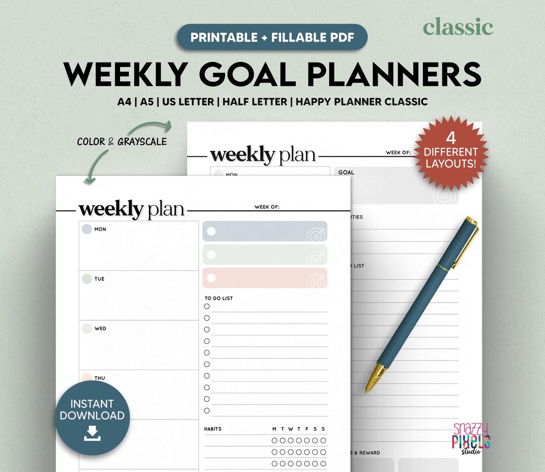 Weekly Goal Planner, Fillable Productivity Organizer (PDF) - Etsy