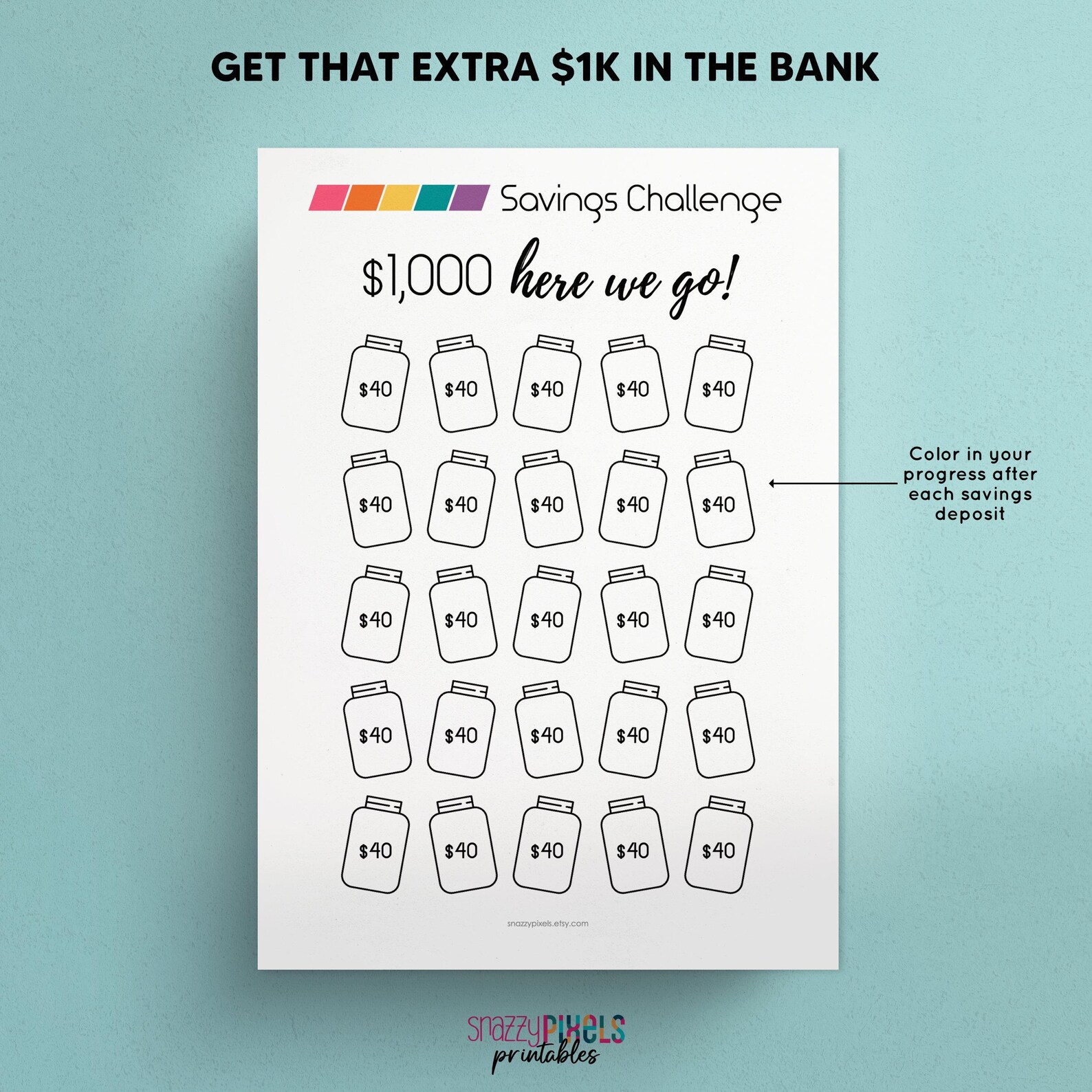 1000 Savings Challenge Printable PDF, 1k Savings Tracker Printable ...