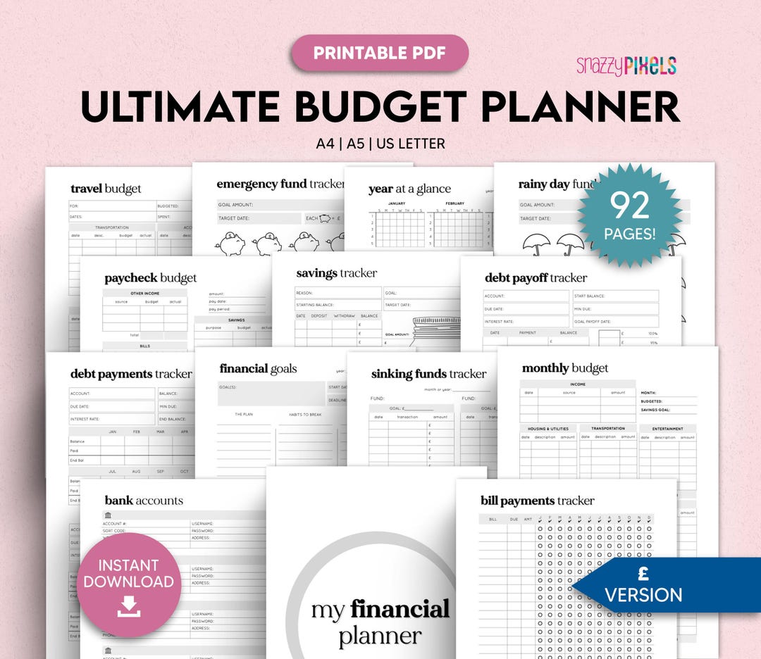 Budget Planner Printable (GBP Black White), Financial Planner ...