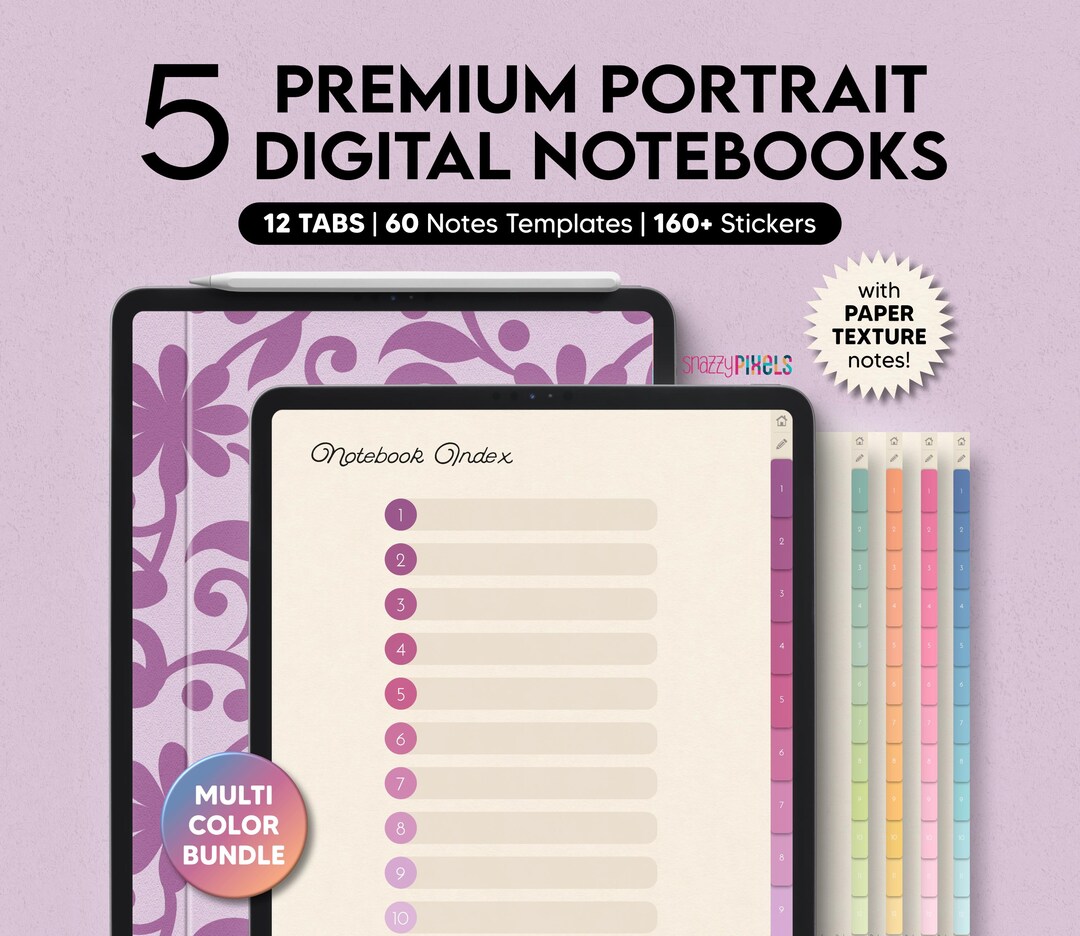 5 Digital Notebooks (multicolor), 12 Tabs for Goodnotes Notability ...
