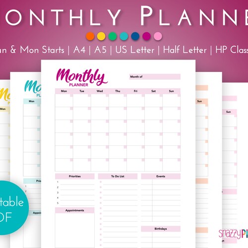 Month at a Glance Planner Printable PDF B&W Monthly Goals - Etsy