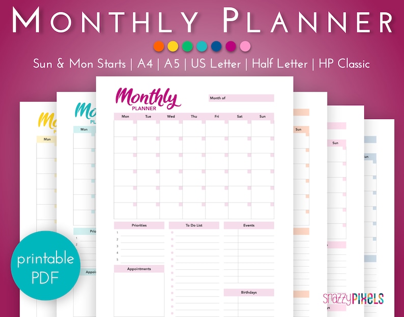 Month at a Glance Planner Printable PDF color Month Goals - Etsy