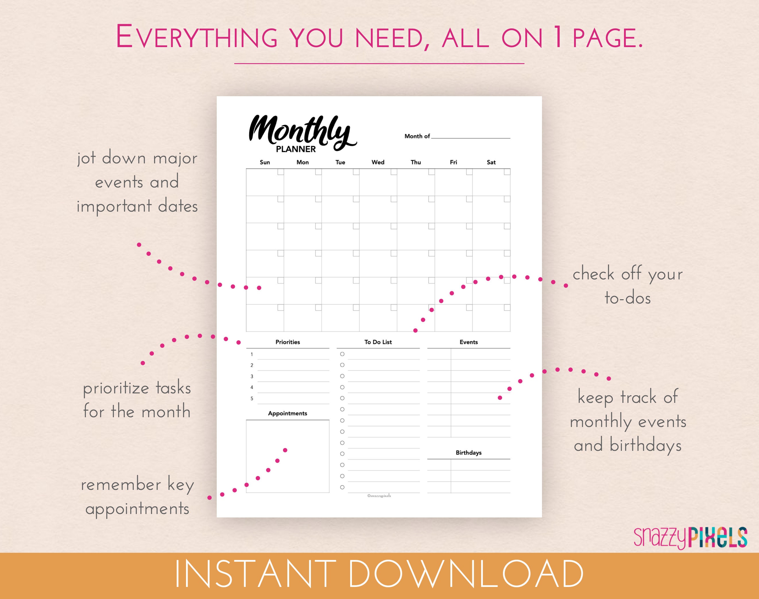 Month at a Glance Planner Printable PDF B&W Monthly Goals - Etsy