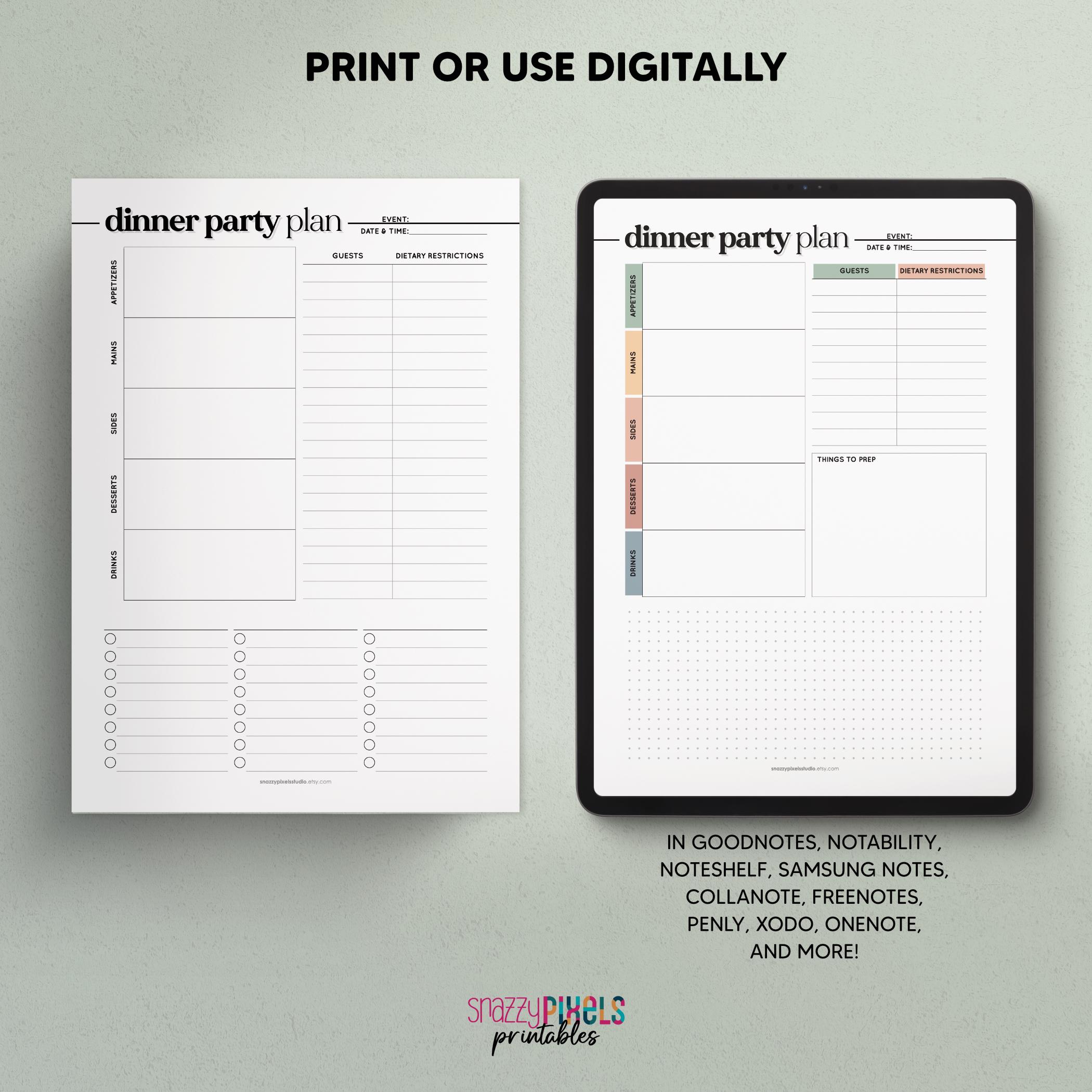 Dinner Party Planner Printable Template, Dinner Menu Plan, Food Planner ...