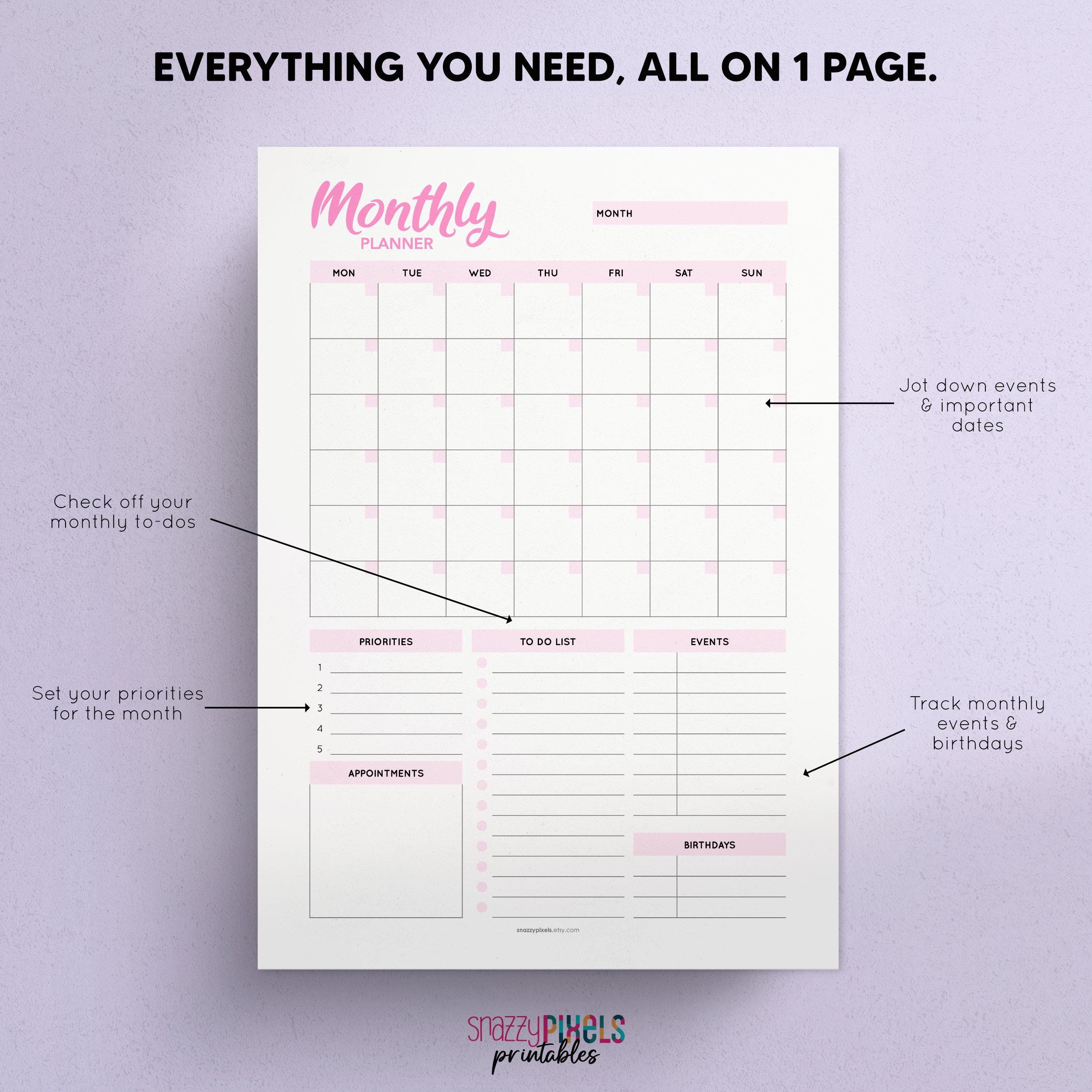 Month at a Glance Planner Printable PDF (color), Month Goals, to Do ...