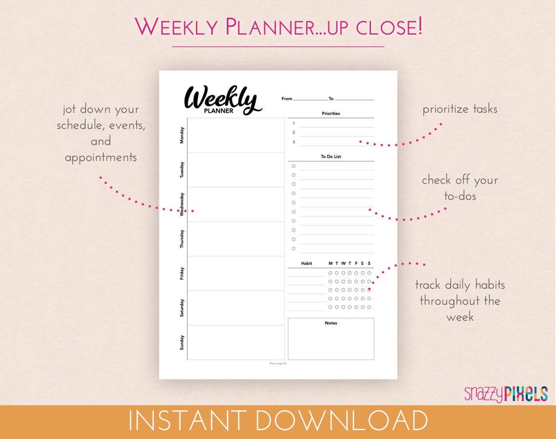 Productivity Planner Printable PDF B&W Daily Weekly Monthly | Etsy