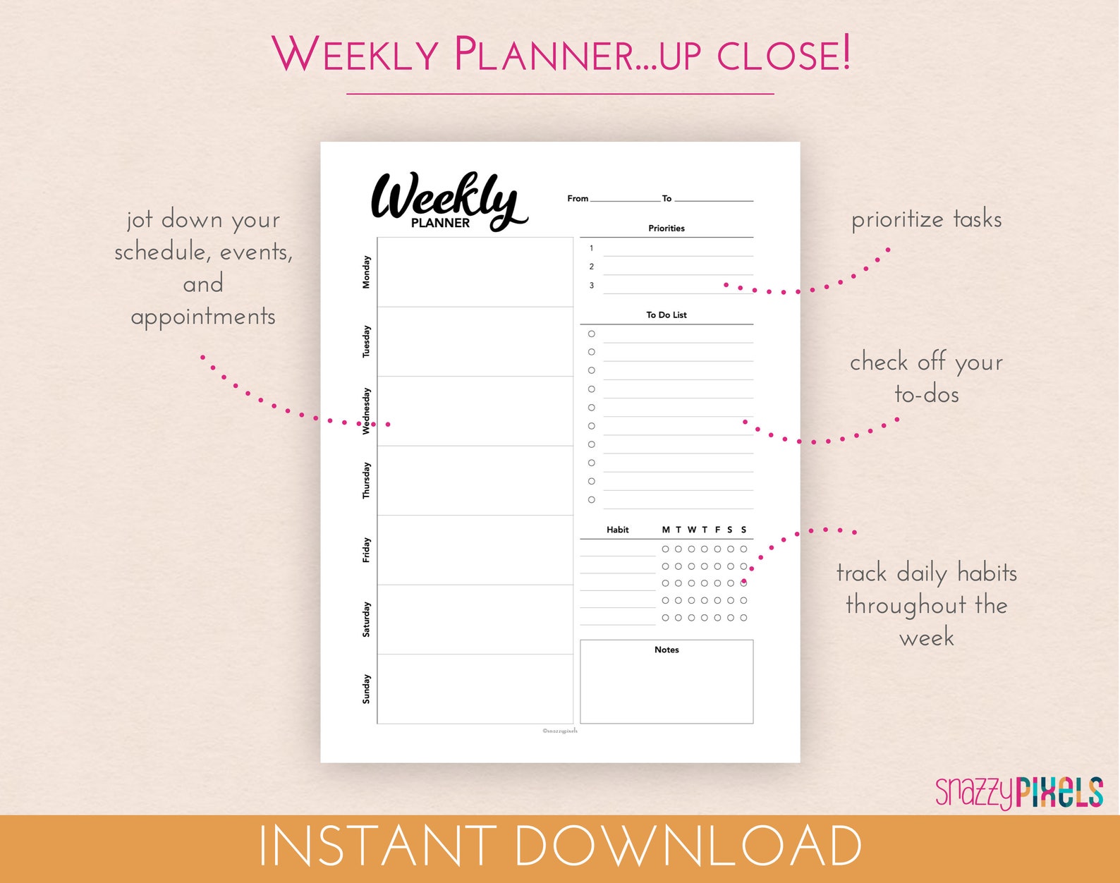 Productivity Planner Printable PDF B&W, Daily Weekly Monthly Planner ...