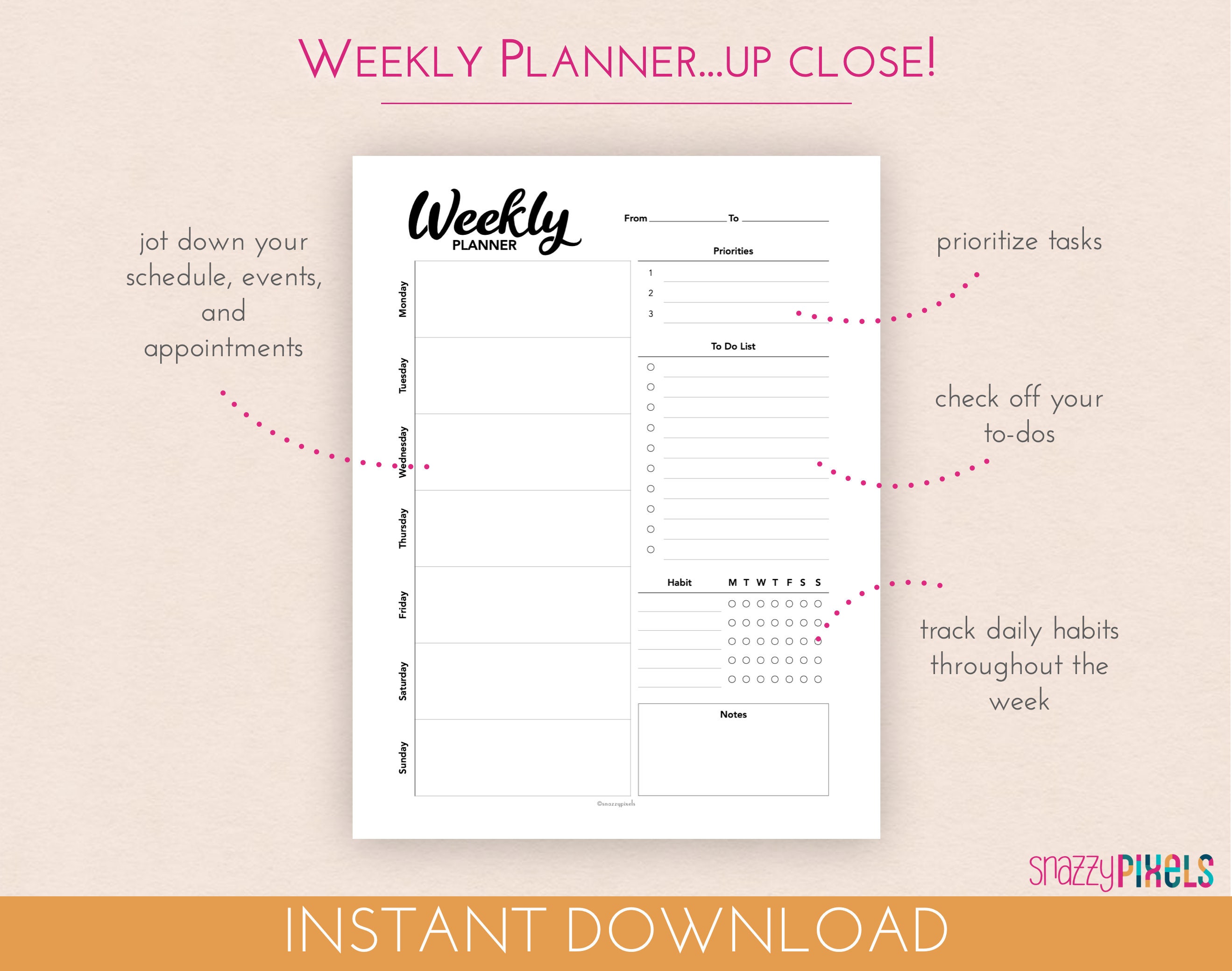 Productivity Planner Printable PDF B&W Daily Weekly Monthly - Etsy