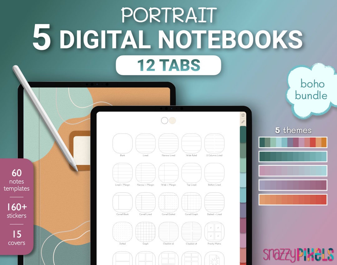 5 Digital Notebooks boho, 12 Tabs for Goodnotes Notability, Digital ...
