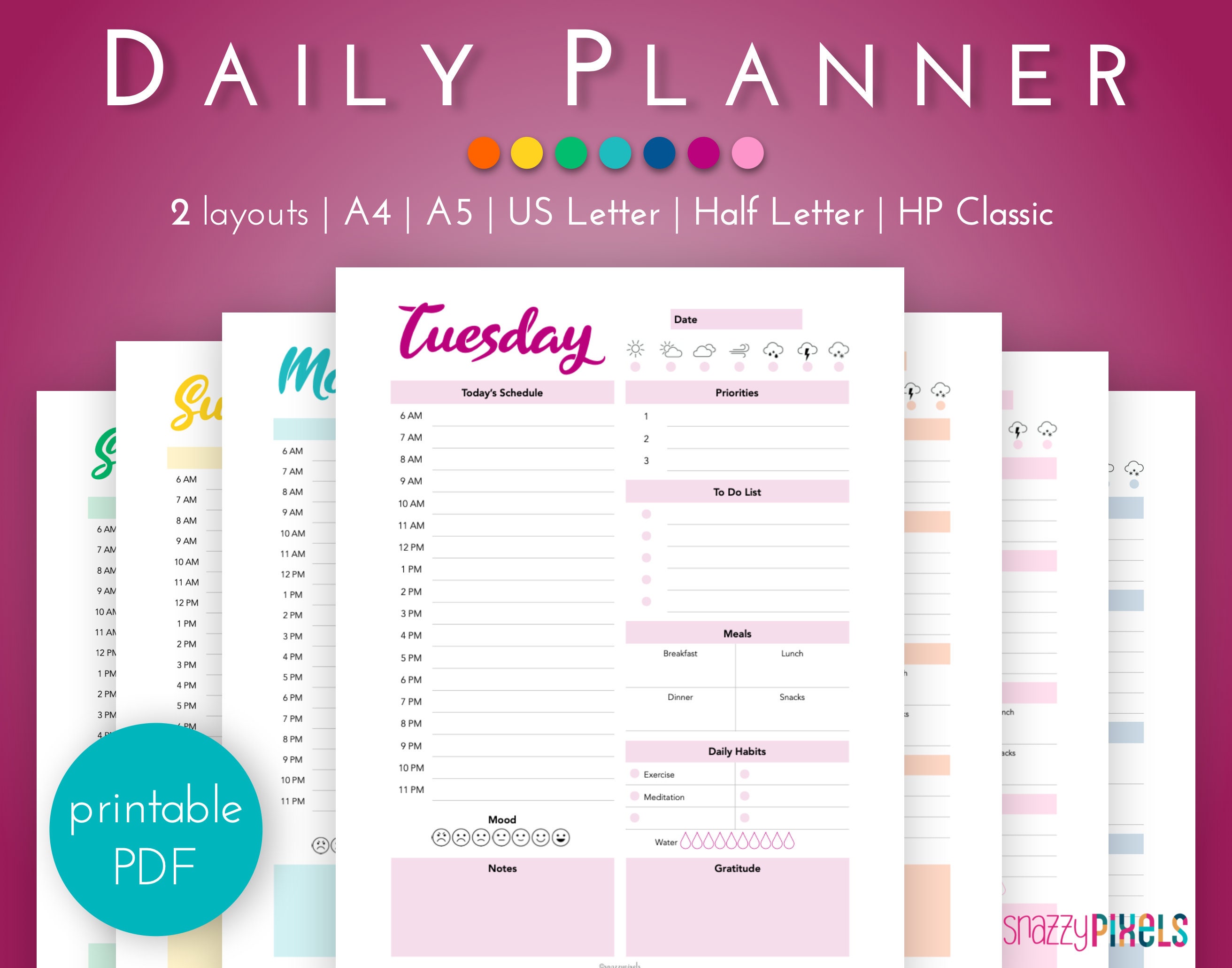 Daily Planner Printable PDF color Hourly Schedule Daily - Etsy