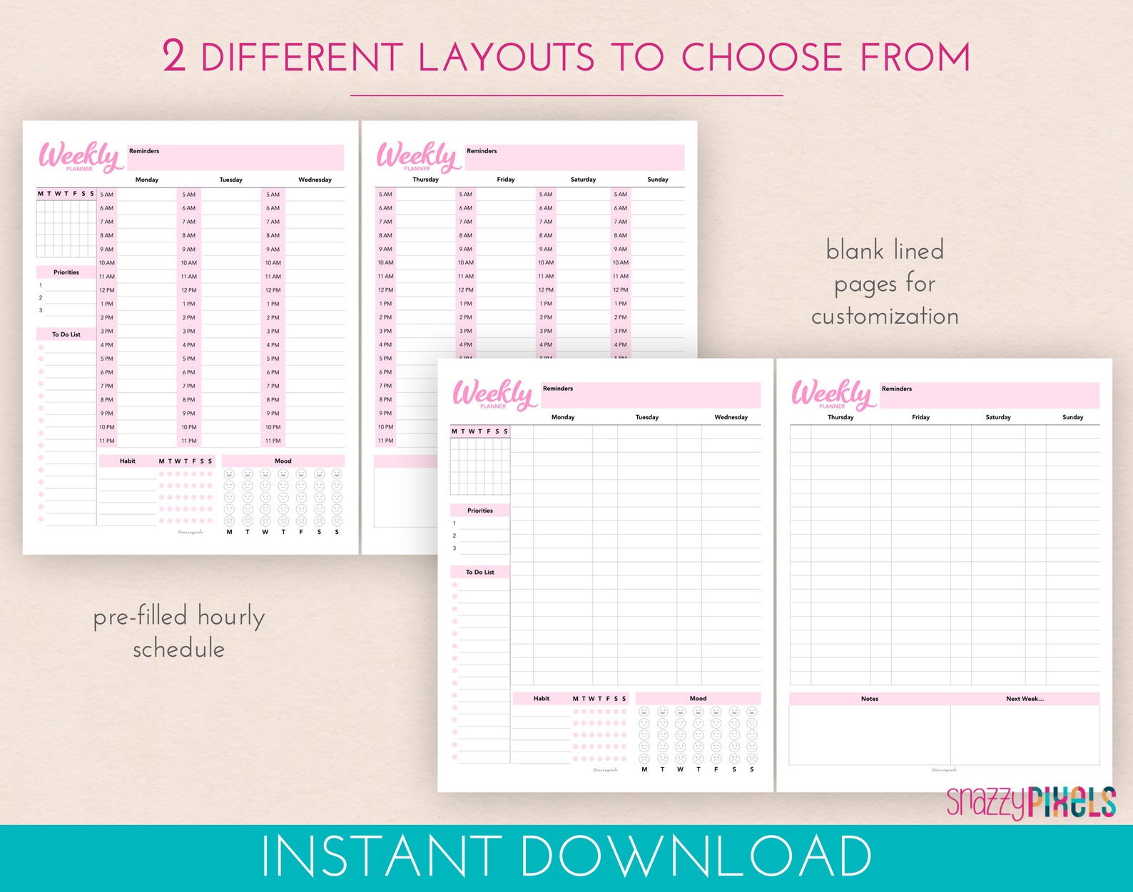 Weekly Hourly Planner Printable PDF color Daily Schedule - Etsy