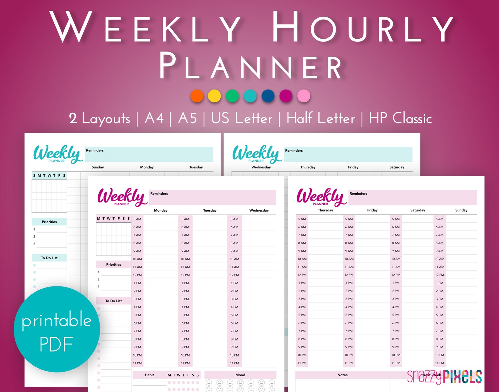 Weekly Hourly Planner Printable PDF color Daily Schedule - Etsy