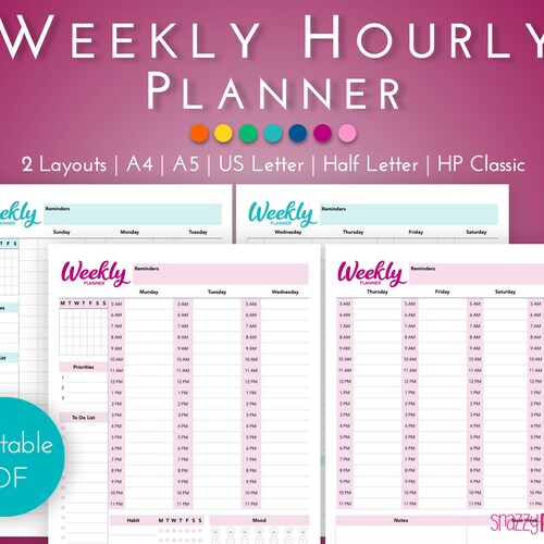 Weekly Hourly Planner Printable PDF color Daily Schedule - Etsy