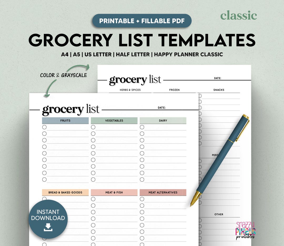 Grocery List Printable Template, Grocery Planner, Food Shopping List ...