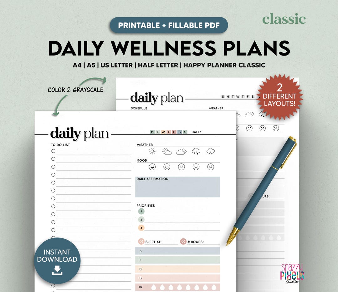 Printable Daily Wellness Planner, Fillable PDF (A4, A5, Letter) - Etsy