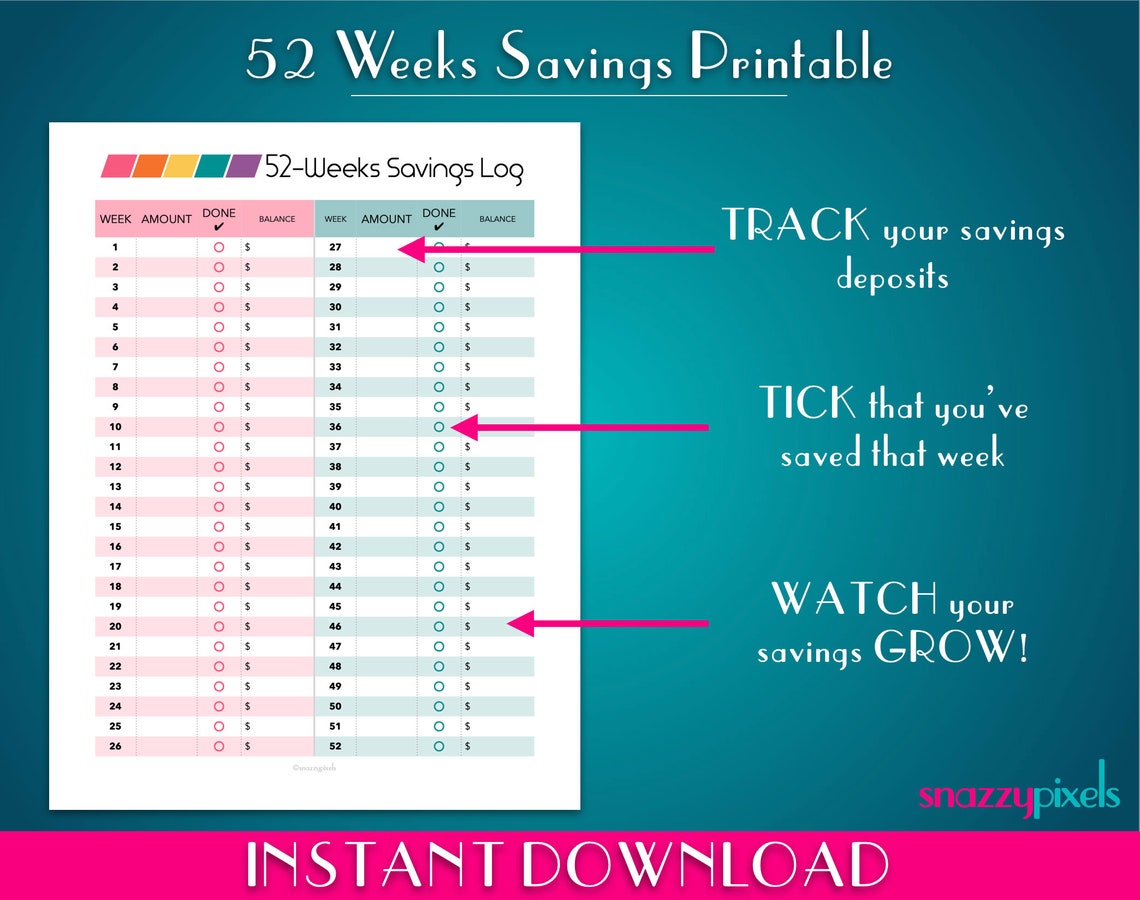 52 Week Savings Challenge printable PDF Savings Challenge - Etsy