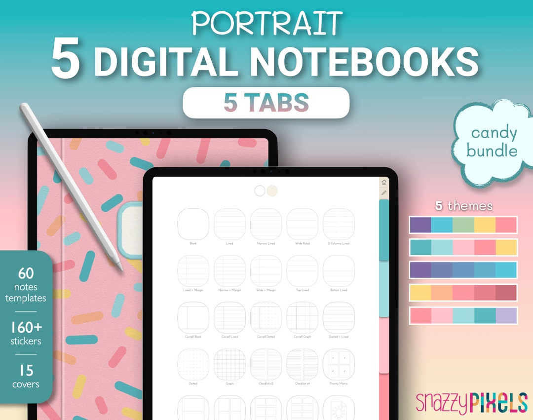 5 Digital Notebooks candy, 5 Tabs for Goodnotes Notability, Digital ...