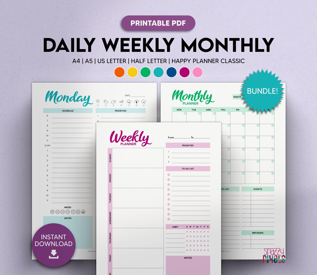 Productivity Planner Printable PDF (color), Daily Weekly Monthly ...