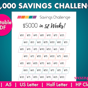 5000 Savings Challenge (printable PDF), 5k Savings Tracker Chart, 5000 ...