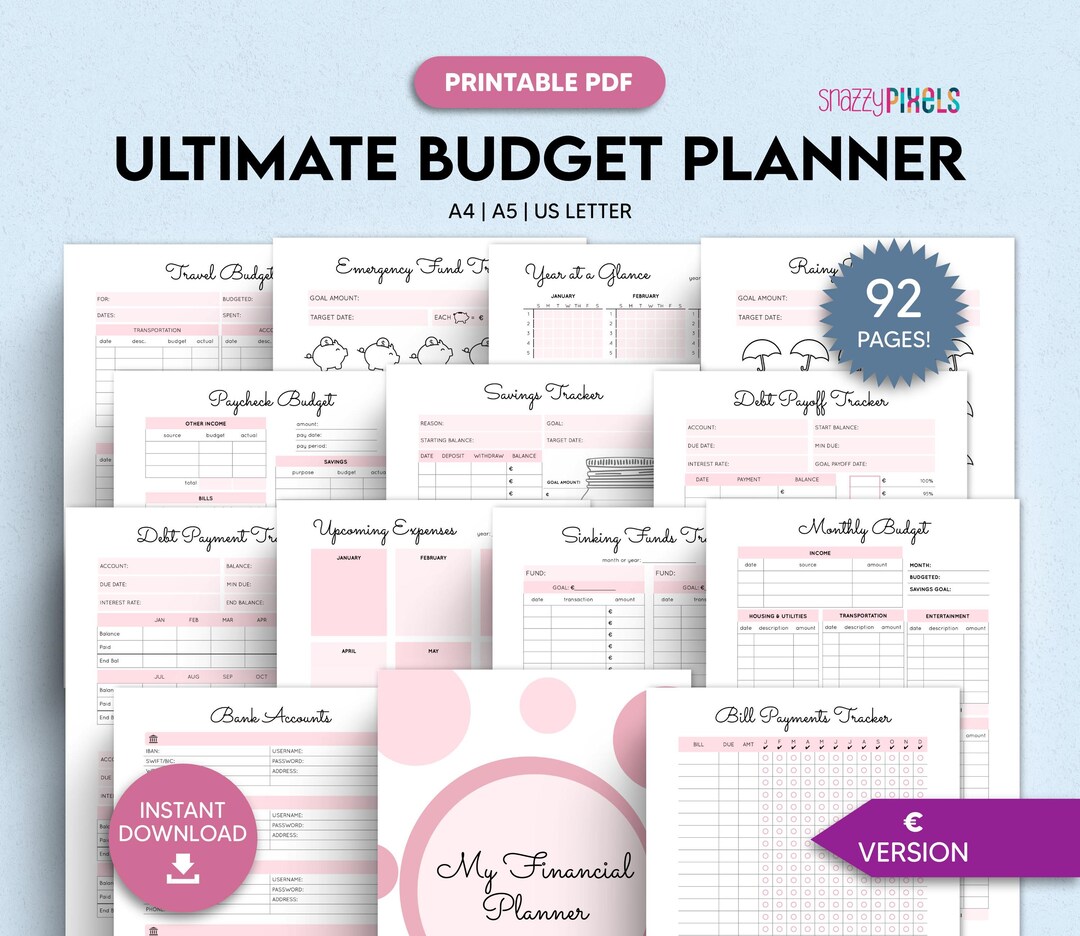 EURO Budget Planner Printable, Financial Tracker Pink (PDF) - Etsy