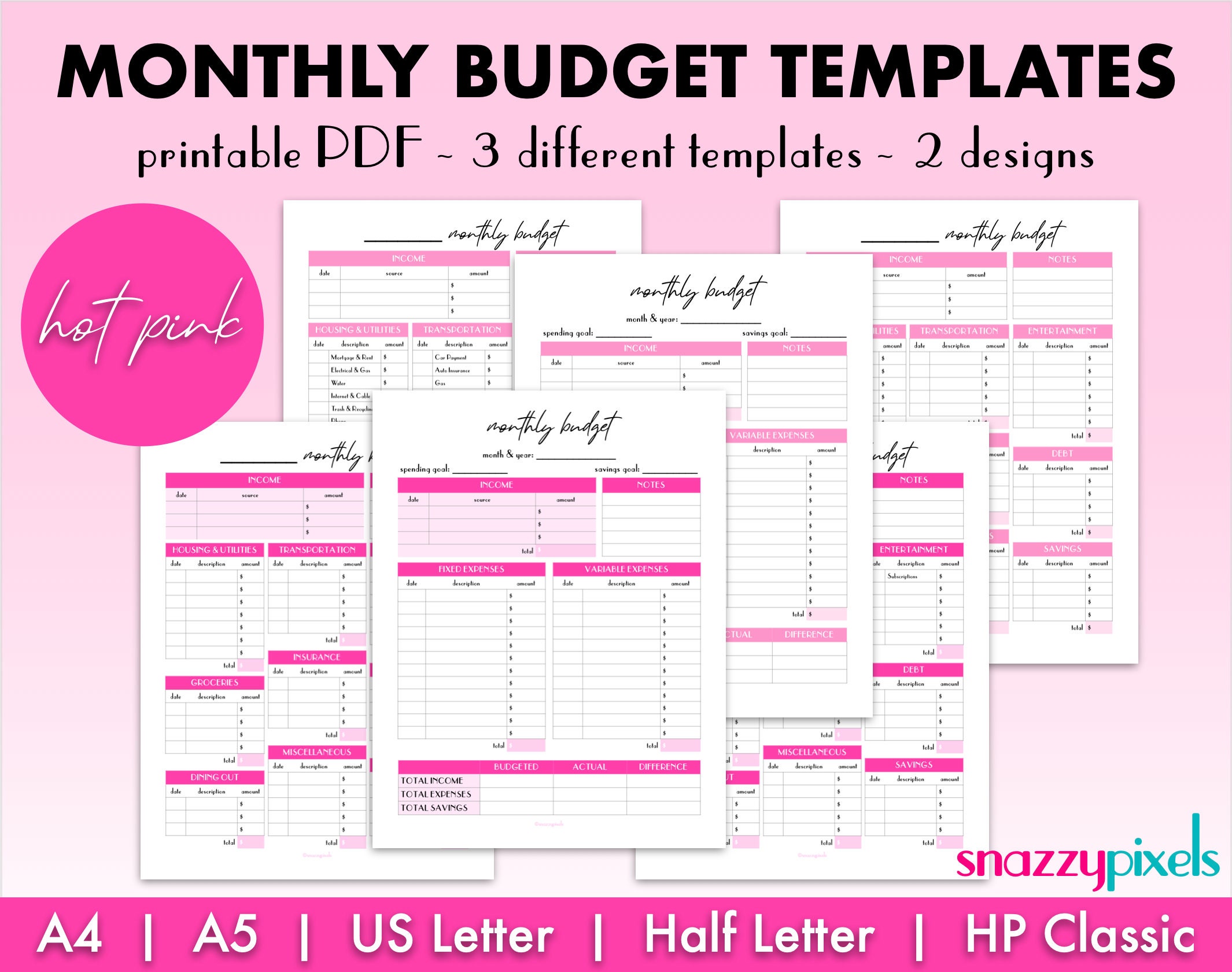 5 Sizes Instant Download Budgeting Organizer Monthly Budget Template ...
