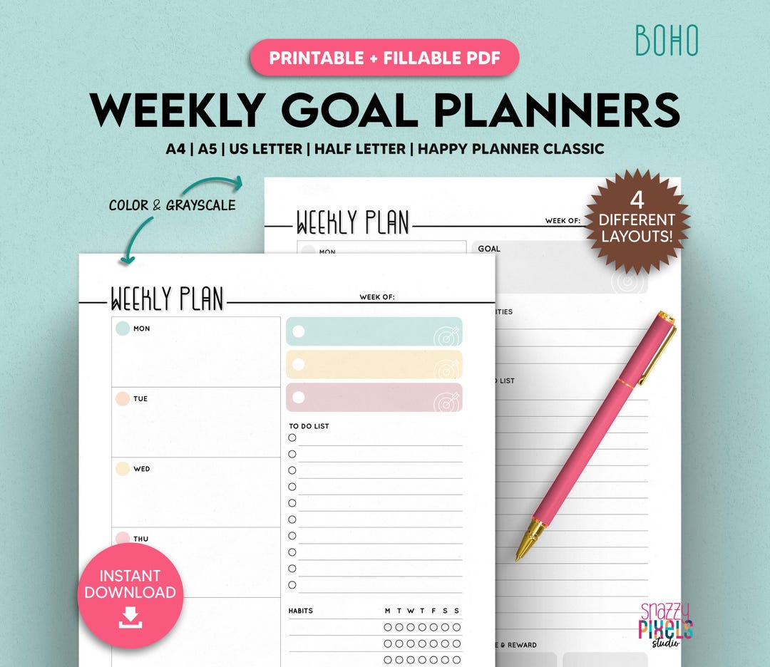 Weekly Goal Planners Printable Fillable PDF, Weekly Productivity ...
