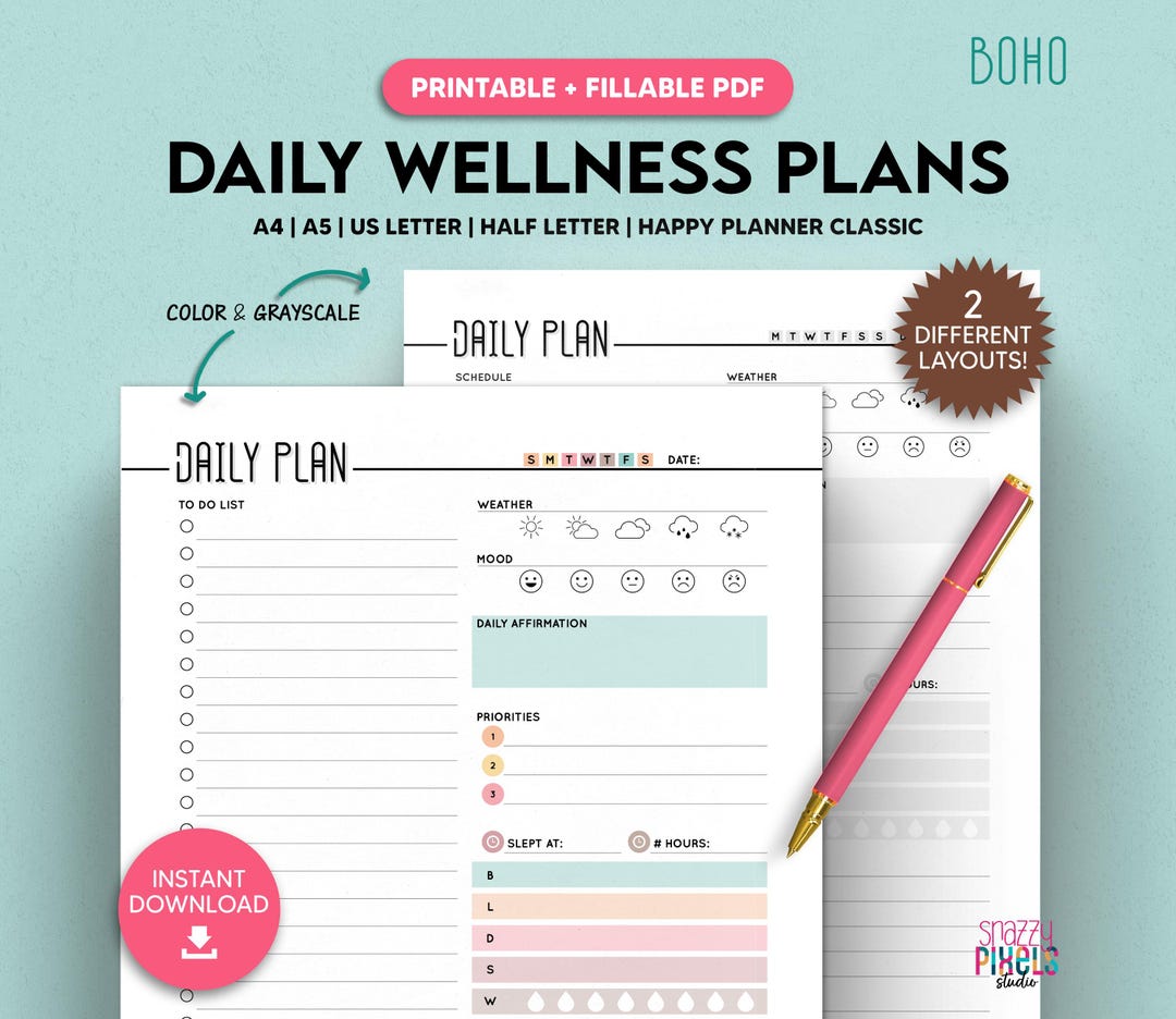Printable Daily Wellness Planner, Self Care Checklist (fillable PDF) - Etsy
