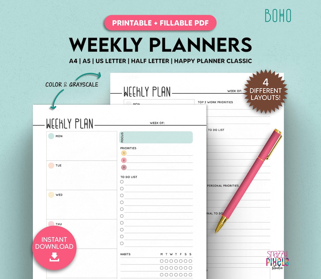 Weekly Planner Printable Fillable PDF, Weekly Organizer, to Do List for ...