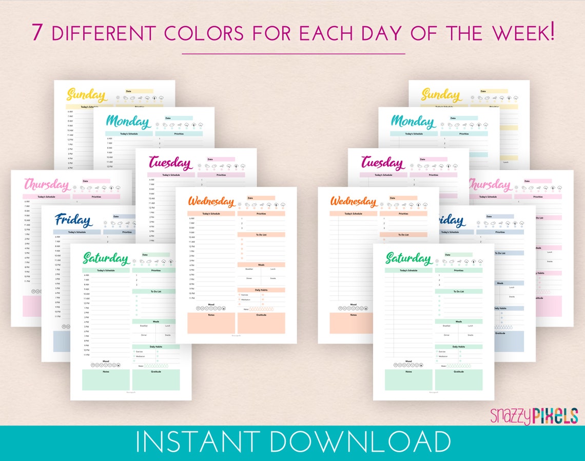 Daily Planner Printable PDF color Hourly Schedule Daily - Etsy