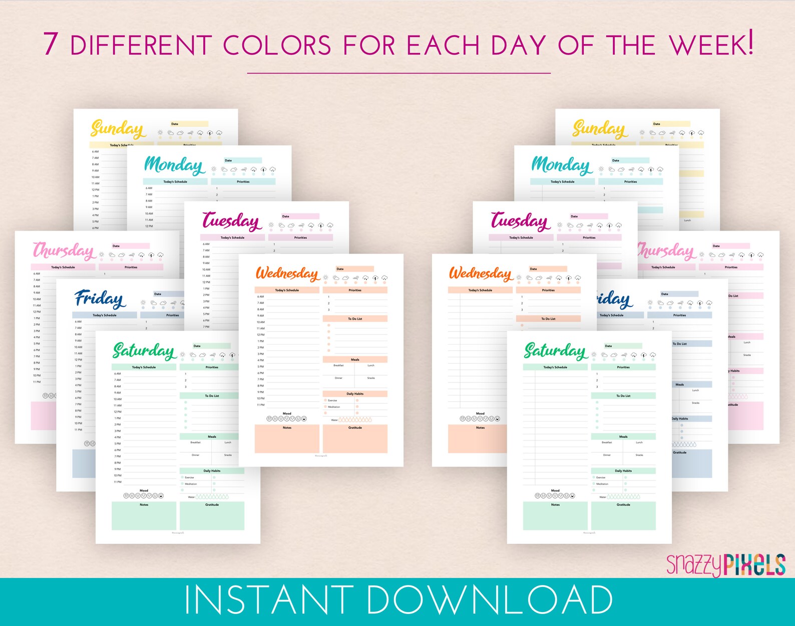 Daily Planner Printable PDF color Hourly Schedule Daily - Etsy