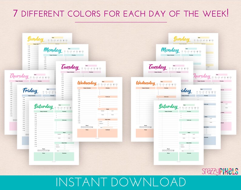 Daily Planner Printable PDF color Hourly Schedule Daily | Etsy
