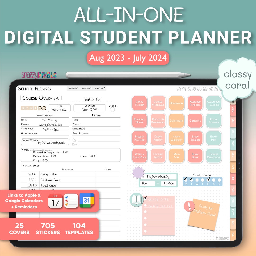 ALL-IN-ONE Digital Student Planner coral, 2023-2024 Academic Planner ...