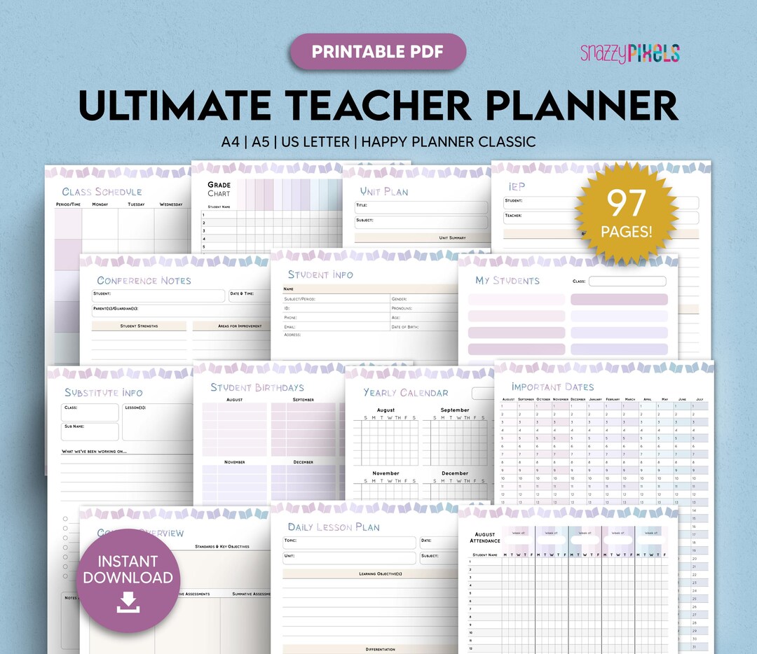 Teacher Planner Printable (cool Blossom), Undated Teaching Binder ...