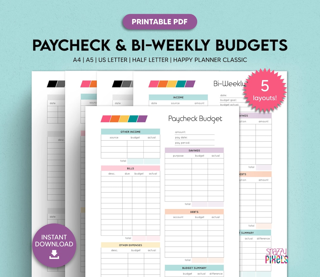 Paycheck & Bi-weekly Budget Printable Templates, Budget by Paycheck ...