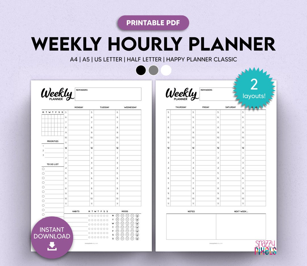 Weekly Hourly Planner Printable PDF (B&W), Daily Schedule, Weekly ...