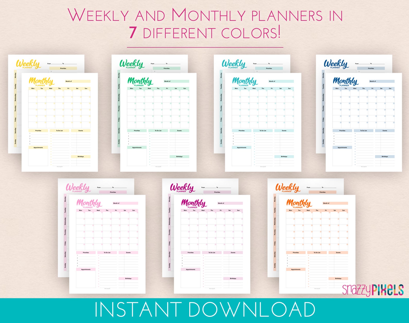 Productivity Planner Printable PDF color Daily Weekly - Etsy