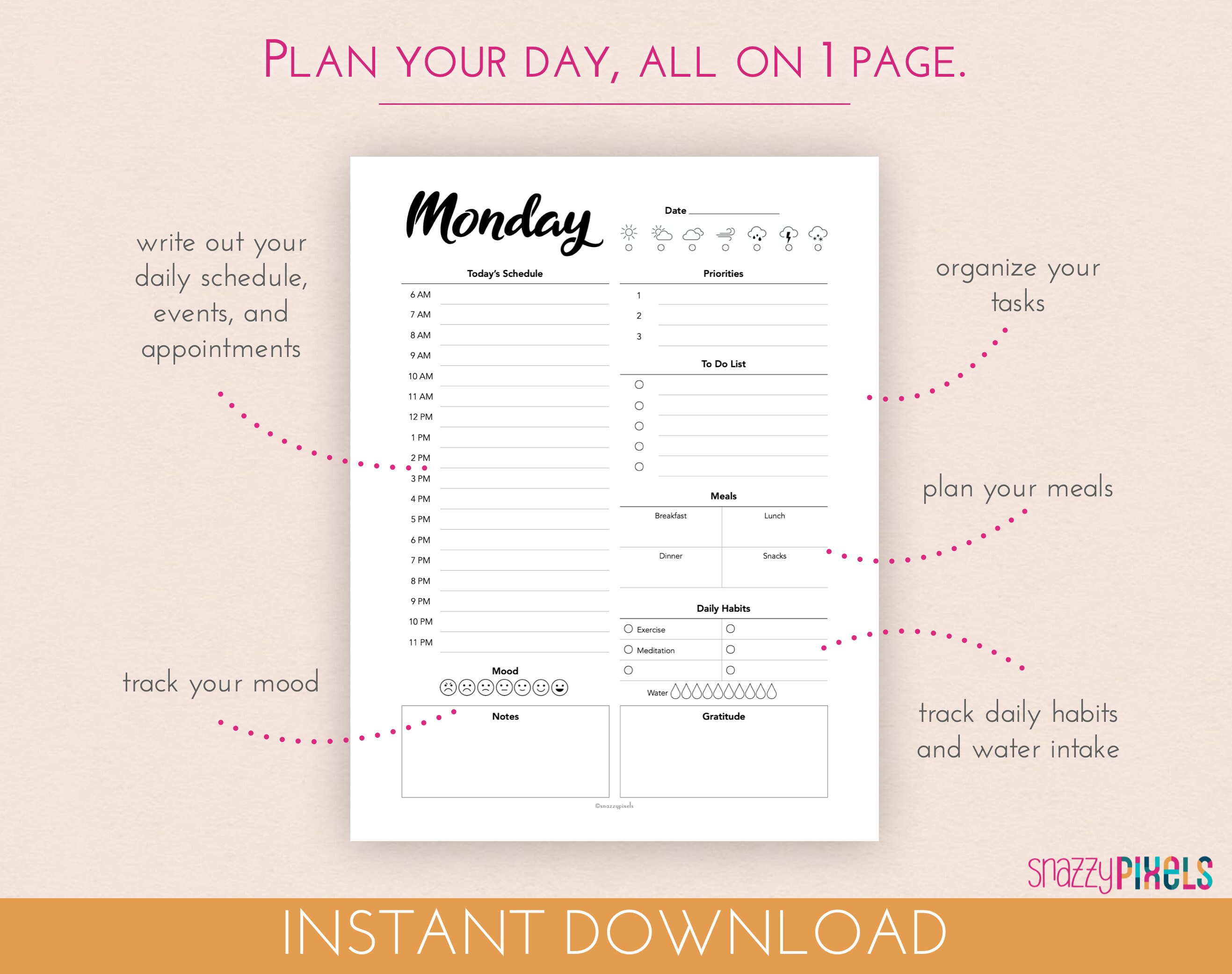 Productivity Planner Printable PDF B&W Daily Weekly Monthly | Etsy