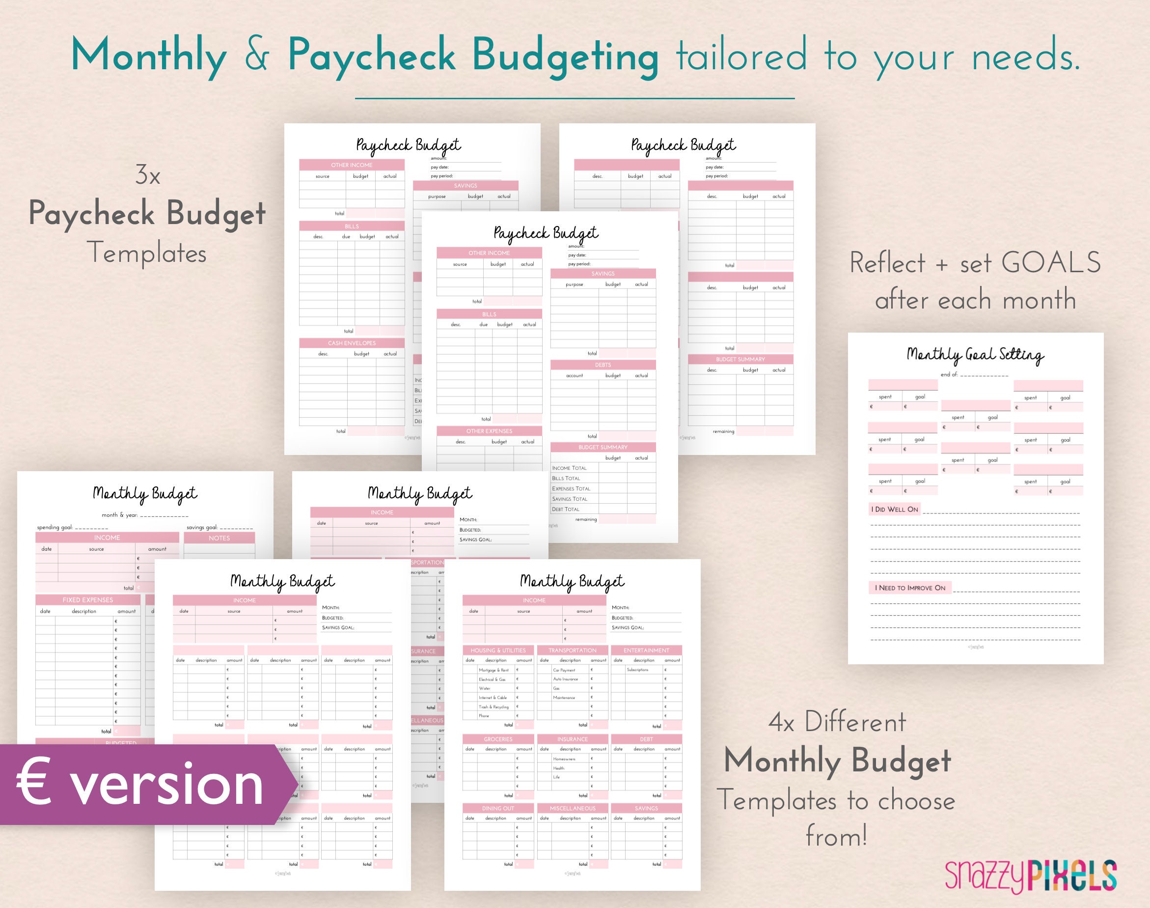 Budget Planner Printable PDF EURO Pink Financial Planner - Etsy
